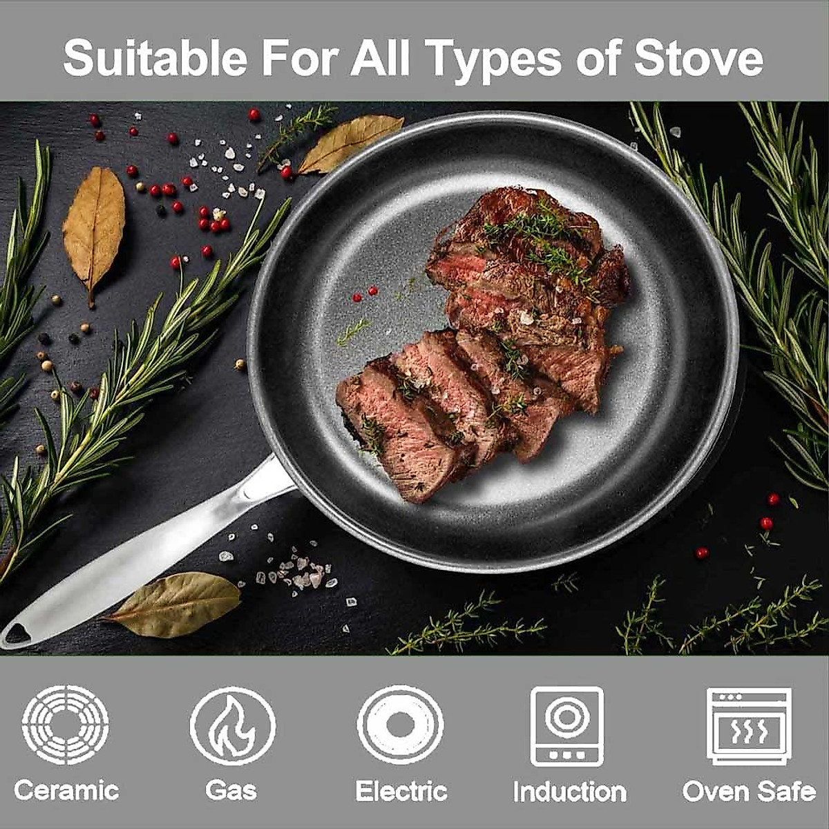 AUDANNE Nonstick Frying Pan with Lid, 12 inch Non Stick Large Stainless Steel Skillet with Handle - Oven Safe Non-stick Teflon Coating Induction Cooking Fry Pans, Black 12"