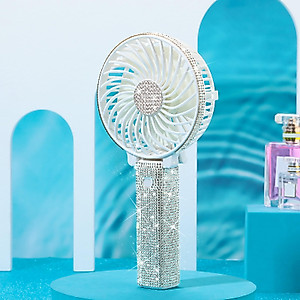 Mudder Crystal Bling Rhinestone Mini Handheld Fan Portable Usb Rechargeable Fan Battery Operated Small Folding Personal Fan for Girls Women Outdoor Travel Indoor Makeup Office (White,Classic Style)