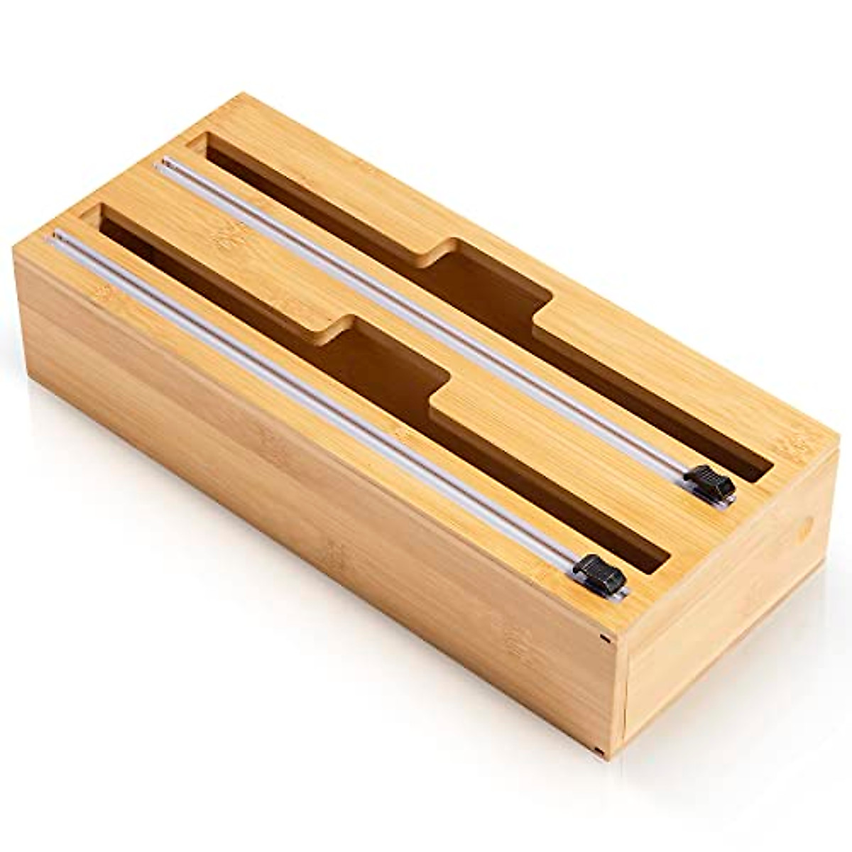 Plastic Wrap Dispenser with Cutter, Aluminum Foil Organizer, Two in One Roll Holder, 13.5"x5.75"x3", Wooden, Bamboo, Reusable, Saran Wrapper Dock, Wax Paper Dispensers for Kitchen Drawer | Houseables