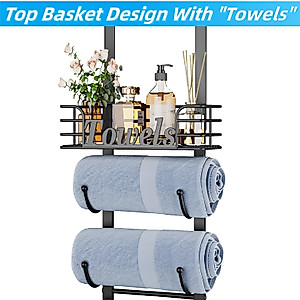 Over The Door Towel Racks for Bathroom,6 Tier Towel Rack Wall Mounted with Metal Shelf and Hooks,Rolled Towel Storage for Bathroom Door Holder Organizer Hanging,Black