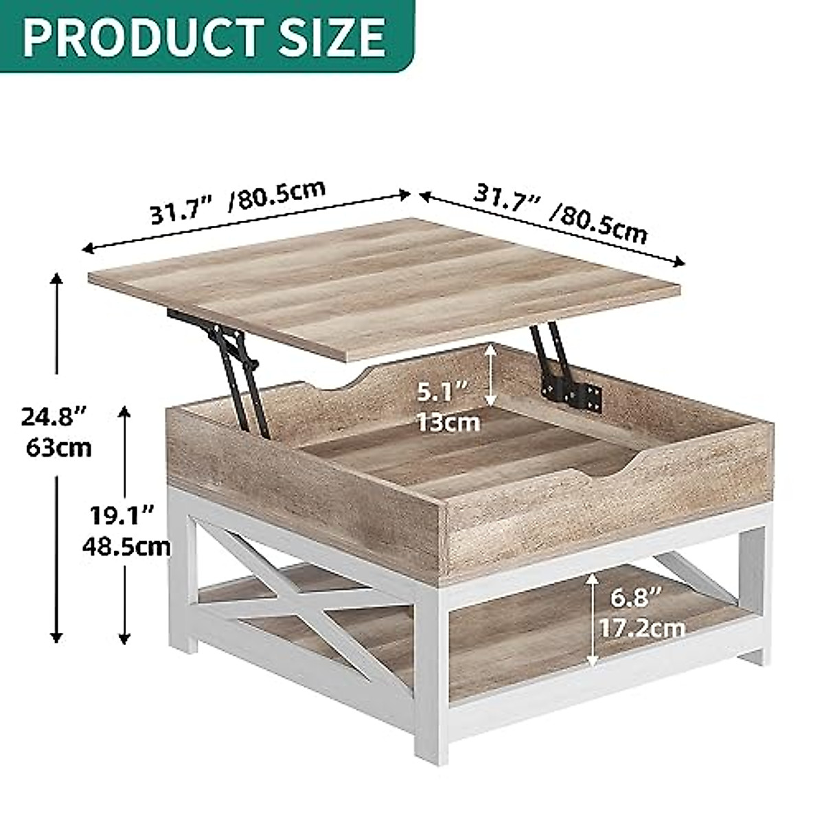 YITAHOME Lift Top Coffee Table, Square Farmhouse Coffee Table, Coffee Table with Double Storage, Rustic Wood Center Table for Living Room,Grey Wash