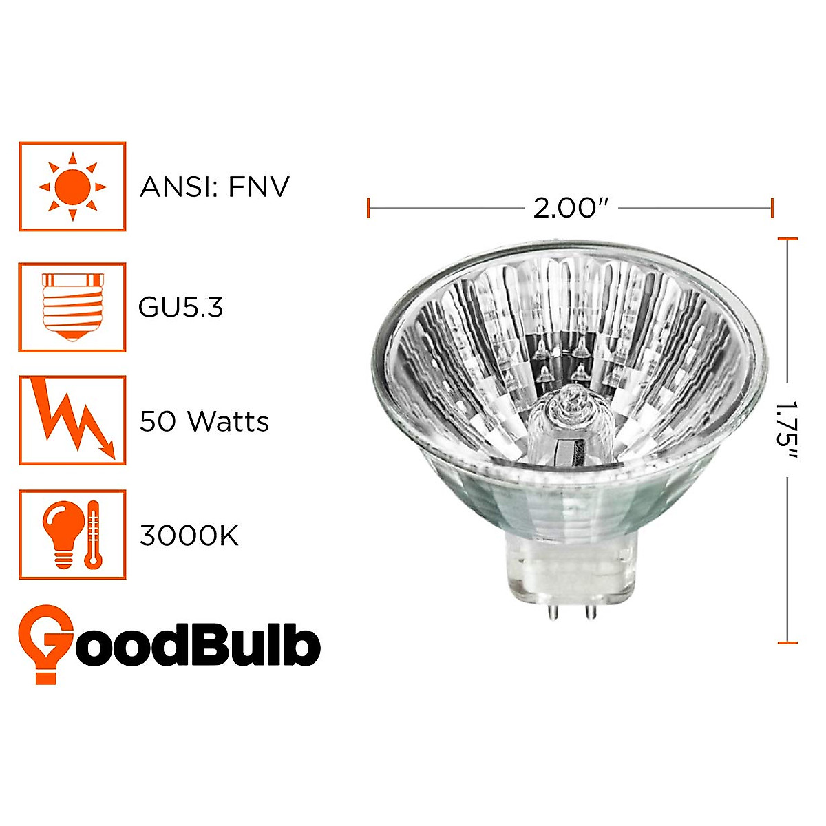 GoodBulb 50-Watt Halogen MR16 Light Bulb | GU5.3 Base 24V ANSI Code FNV | 3000K Soft White Color | Clear Finish | 2000 Life Hours | Pack of 10 Bulbs