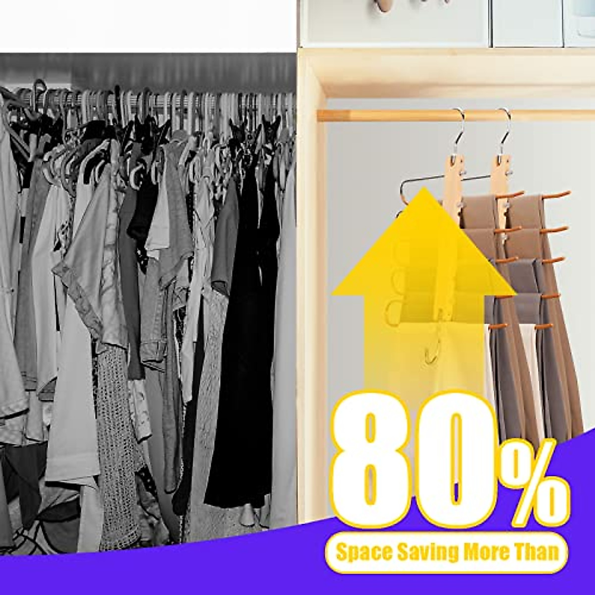 Ulimart Pants Hangers 2Pcs Pants Hangers Space Saving,Wooden Multiple Layers Pants Rack with Non-Slip Rubber Coating Pants Organizer for Trousers Scarves Slack