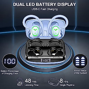Wireless Earbud Bluetooth 5.3 Headphones Sport Earphones in Ear 48H Playback Stereo Noise Cancelling Earbud with Dual Mic LED Display, Over-Ear Earhooks Ear Buds IP7 Waterproof Headset for Running Gym
