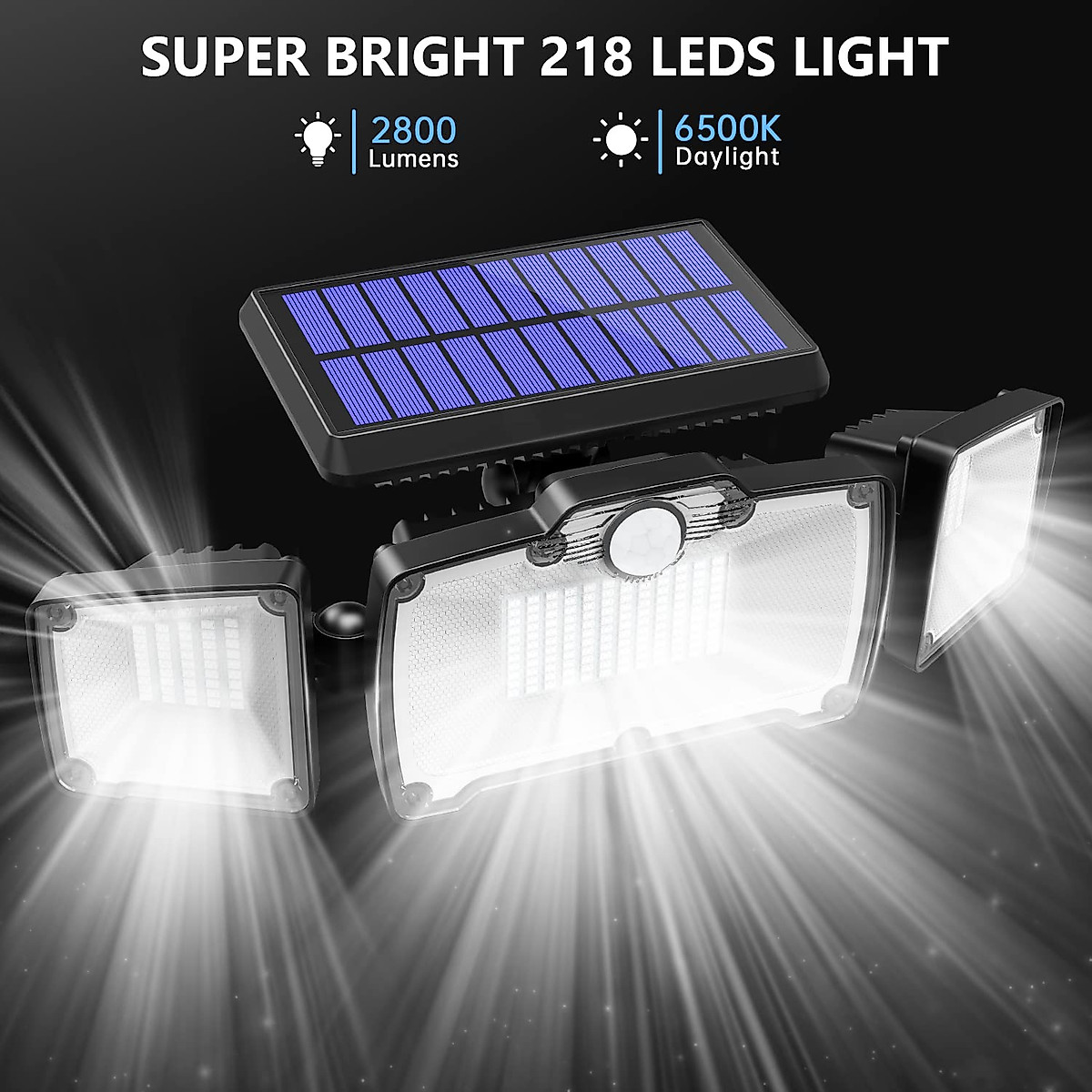 BAILABA Solar Outdoor Lights, 218 LED 2800LM Flood Lights with Remote Control, 3 Heads Solar Security Outdoor Lights, IP67 Waterproof, 270° Wide Angle Illumination Motion Sensor Lights with 3 Modes