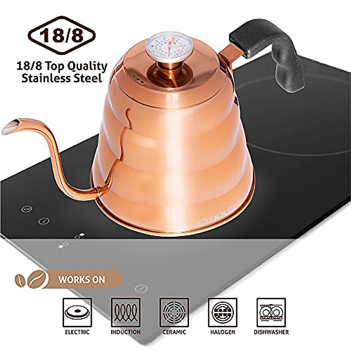 OPUX Pour Over Coffee Kettle with Gooseneck | Stainless Steel Coffee Tea Kettle with Thermometer 40 oz, Stovetop Induction Goose Necked Kettle Slow Pour Drip Spout (1.2 Liter, 40 fl oz) Copper