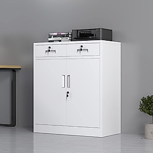 JINGUR Metal Storage Cabinet with Locking Doors and 2 Drawers, Lockable Storage Cabinets with Adjustable Shelf for Home Office and Garage (White)