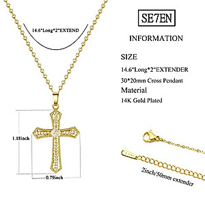 SE7EN Cross Necklace for Women - 14K Gold Plated Dainty Necklace Cross Pendant with Diamonds, Vintage Gold Necklaces for Women & Men Trendy Gift