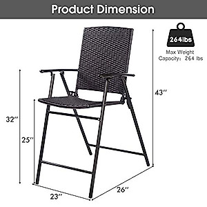 Casart Folding Wicker Rattan Bar Chairs Set of 4 Tall Stool with Back,Steel Frame,Armrests and Footrest Bar Stools Garden Patio Furniture Set