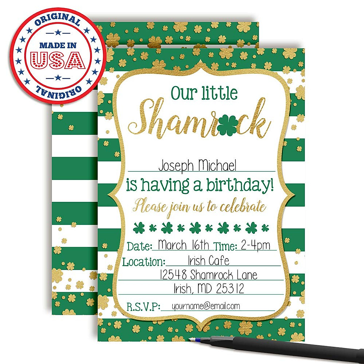 Our Little Shamrock St. Patrick’s Day Birthday Party Invitations, 20 5x7 Fill In Cards with Twenty White Envelopes by AmandaCreation