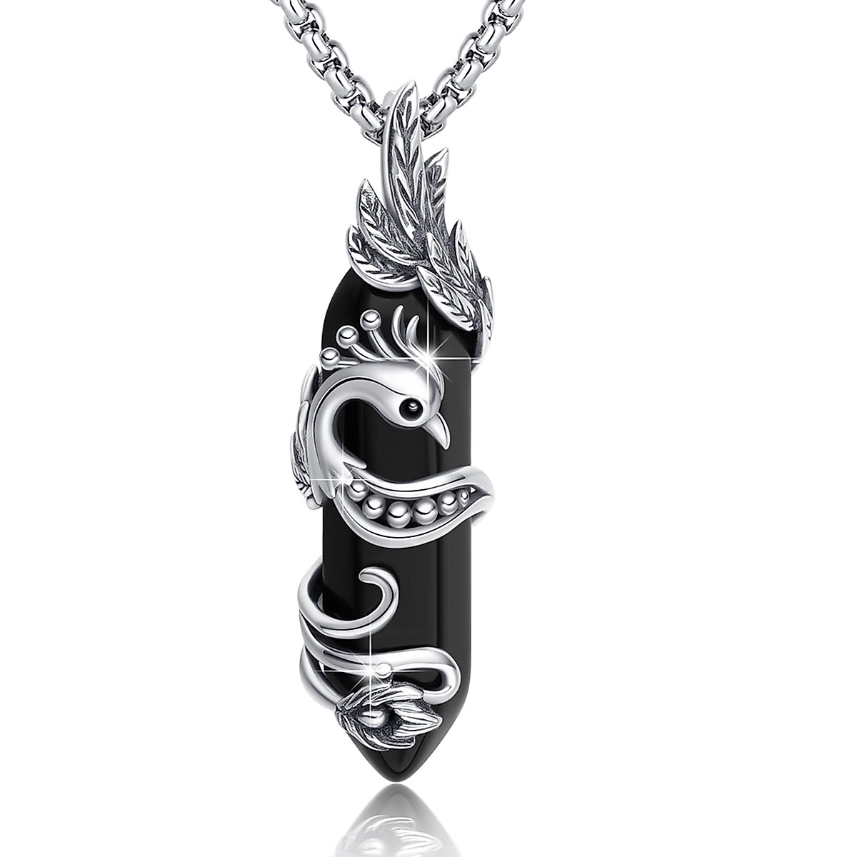 Phoenix Necklace Black Crystal Pendants Nirvana of Phoenix Pendant Fire Bird Phoenix Necklace I Survived Black Crystal Phoenix Jewelry Gift for Women Men 925 Sterling Silver