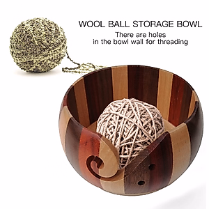 Flueyer Wooden Yarn Bowl Holder, Handmade Yarn Storage Bowl Round Knitting Yarn Bowls with Holes and 2 Crochet Hooks for DIY Knitting Crocheting Accessories,5.9 * 3.15