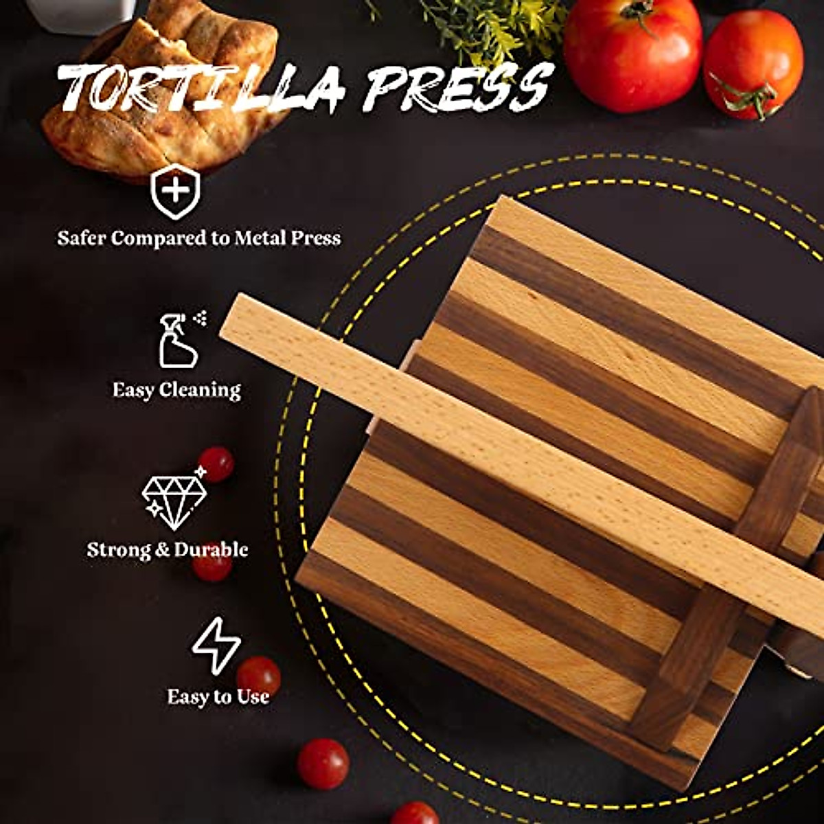Hardwood Tortilla Maker - 8" Square Wooden Tortilla Press - for Homemade Mexican Tortillas, Roti, Burritos, Taco and More, Natural Food-Grade wood (beech & Walnut) - Enjoy the Natural Taste