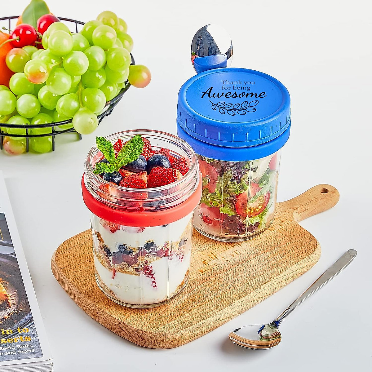TOFLEN 2 Pack Overnight Oats Containers with Lids and Spoons, 12 oz Glass Mason Overnight Oats Jars Wide Mouth Airtight Oatmeal Container for Yogurt, Cereal and Fruits (Red+Blue)