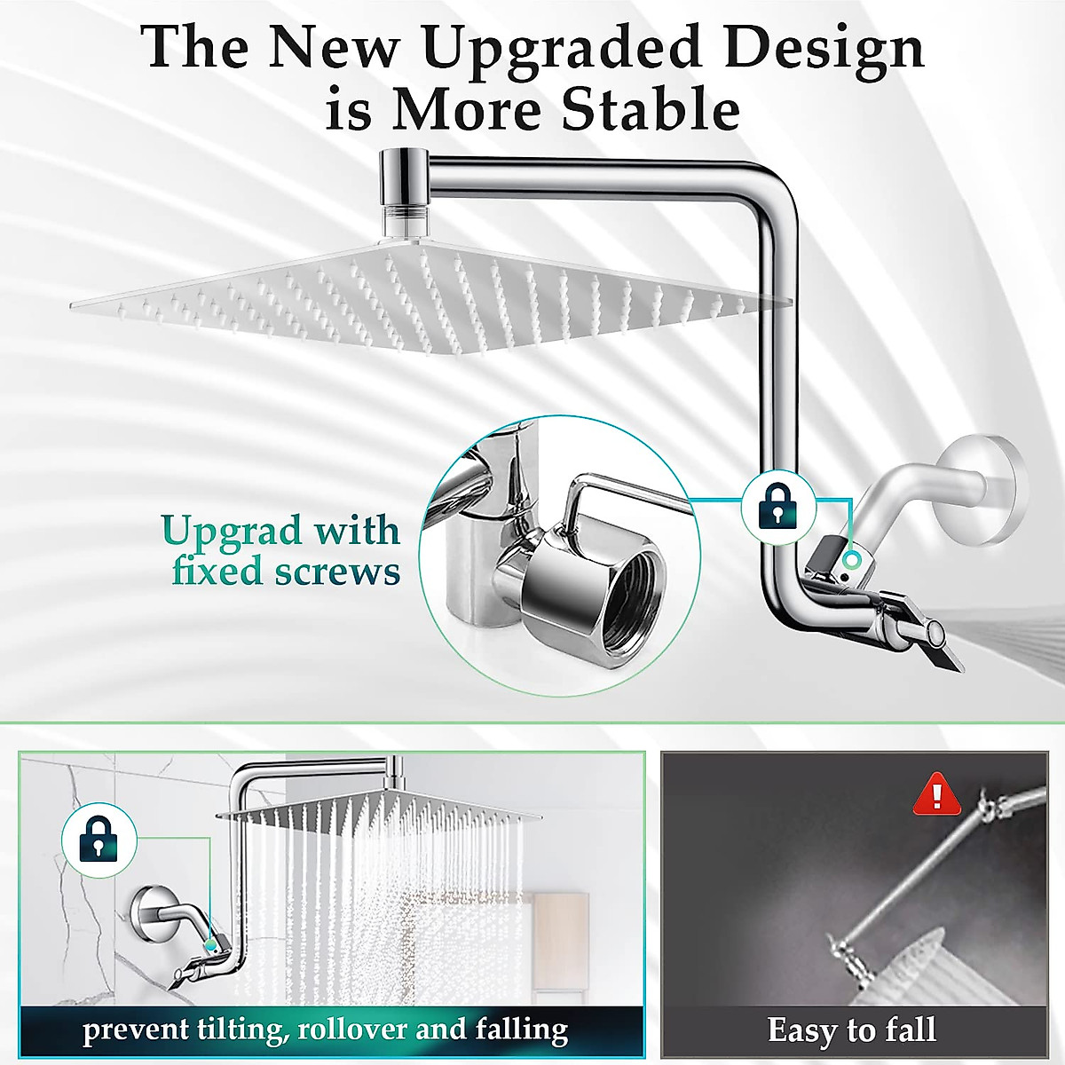 Rain Shower Head Extension Arm, Upgrade 12 Inch Metal Shower Extension Arm, Height/Angle Adjustable Curved Shower Head Extender with 1/2 Universal Connection, Flexible Rise or Lower Shower Head Chrome