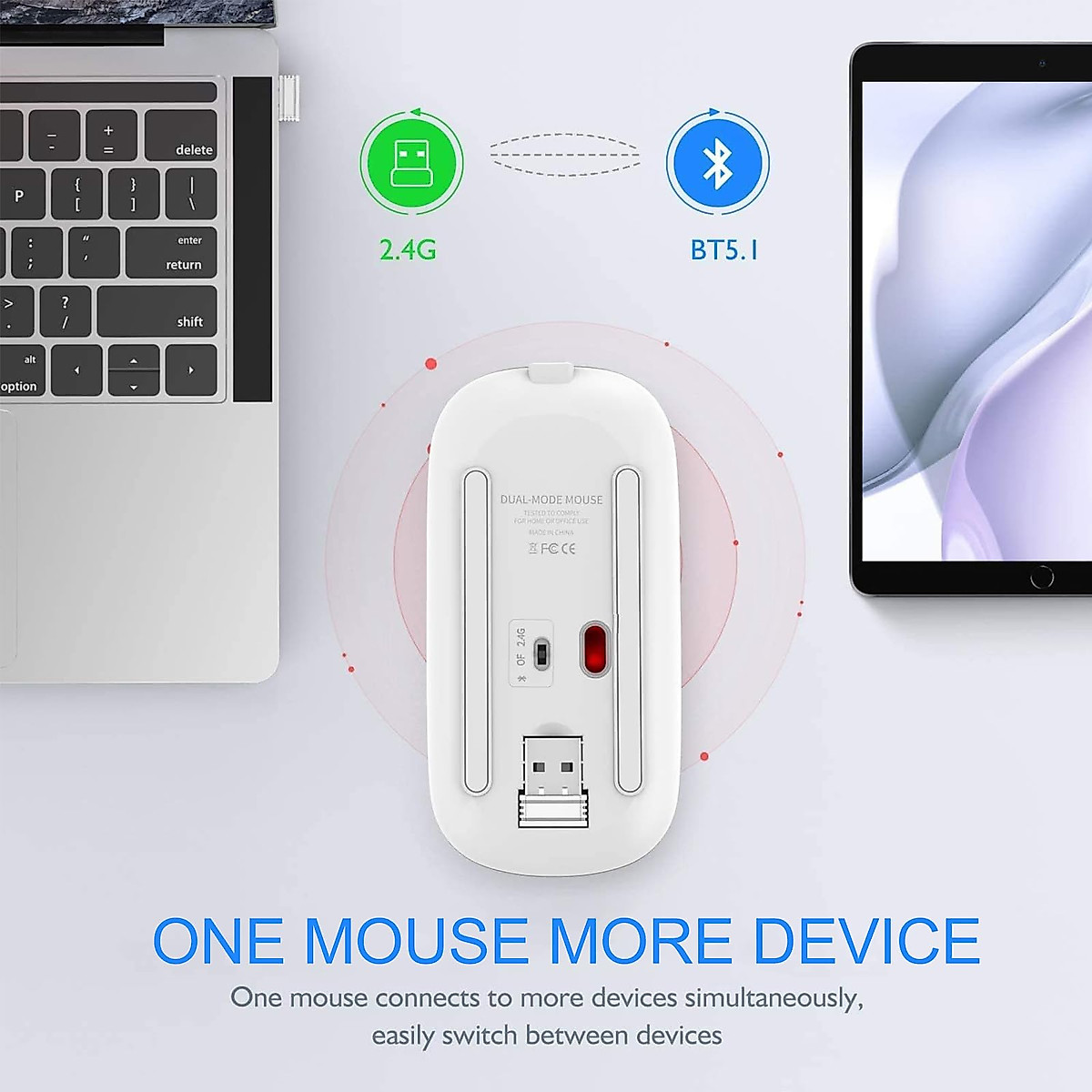 Atrasee Dual Mode LED Wireless Bluetooth Mouse for Laptop, Slim Rechargeable RGB Computer Mice (USB 2.4G + Bluetooth 5.1), Ergonomic PC Gaming Mouse w/ 3 Adjustable DPI, for Laptop MacBook Pro, White