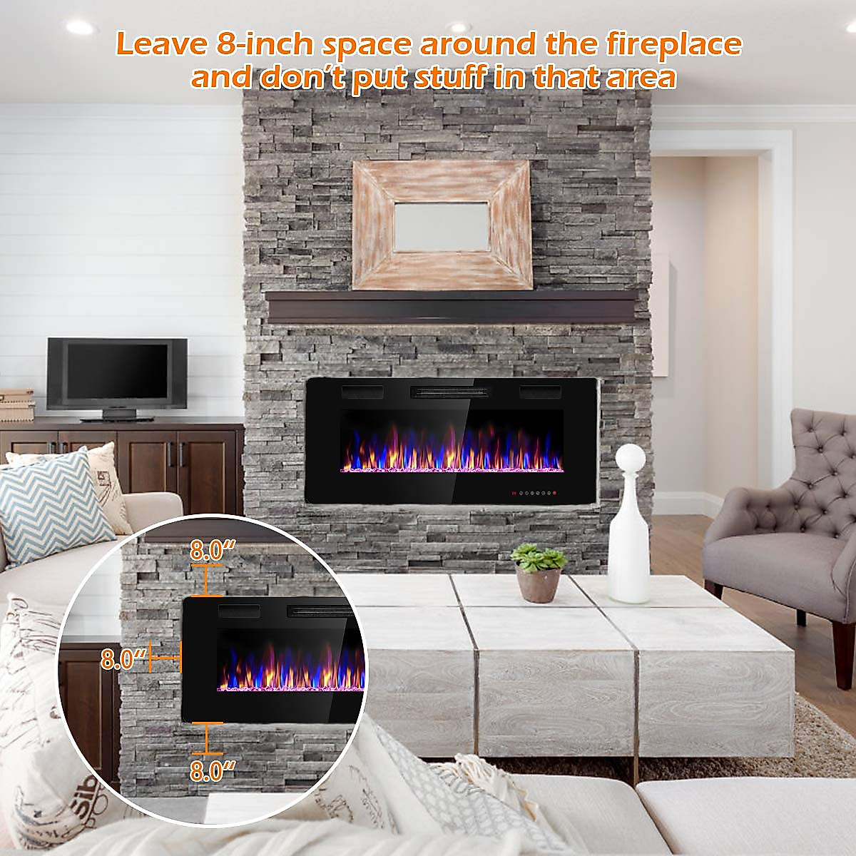 Tangkula 42 Inches Recessed Electric Fireplace, in-Wall & Wall Mounted Electric Heater with Adjustable Flame Color & Speed, Remote Control, Touch Screen, 750-1500W (42 Inches)