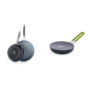 GreenPan Valencia Pro Hard Anodized Induction Safe Ceramic Nonstick, 10" and 12" Set, Gray & Mini Healthy Ceramic Nonstick, Round Egg Pan, 5", Gray