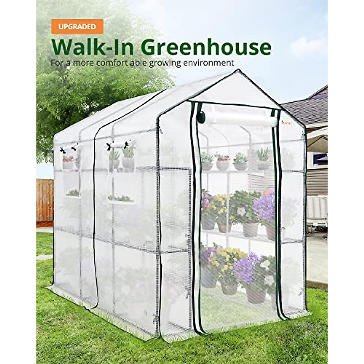 KING BIRD Upgraded 7 x 4.7 x 6.4 FT Walk-in Greenhouse for Outdoors, Thickened PE Cover & Heavy Duty Powder-Coated Steel, w/ Zippered Mesh Door & Screen Windows, 20 Sturdy Shelves for Garden, White