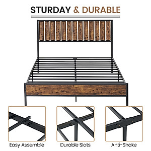 GAOMON Queen Size Bed Frame with Wood Headboard,Metal Bed Frame with 14 Heavy Duty Steel Slats,No Box Spring Needed,Noise-Free,Retro Brown