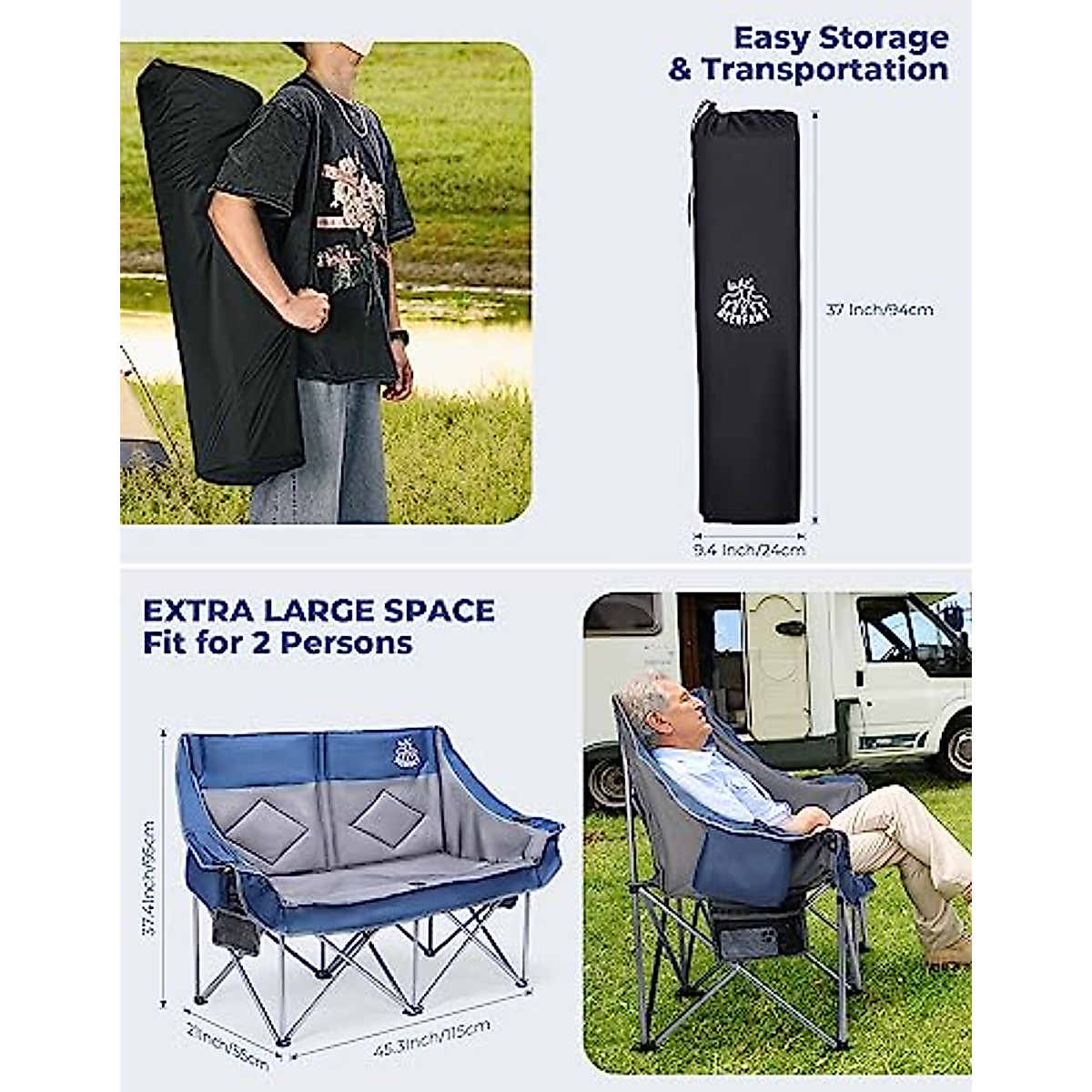 DEERFAMY Foldable Camping Loveseat with Cooler Bag and Cup& Wine Glass Holder,Portable Double Camping Chair for Adults with Padded Seats & Armrests, Heavy Duty Outdoor Loveseat Supports up to 530lbs