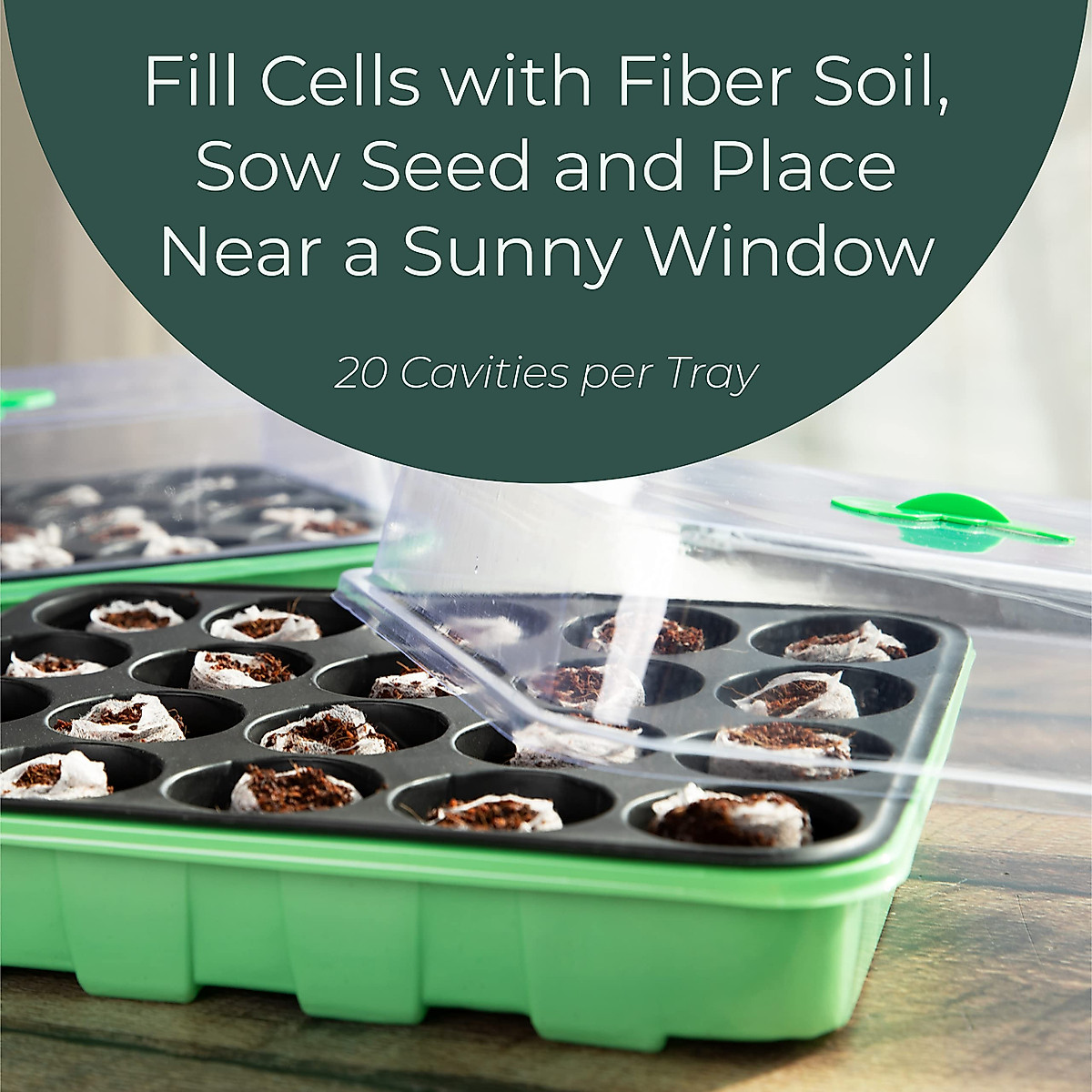 Window Garden 20 Cavity Seed Propagation Kits (2) – Complete with Fiber Soil and Ventilated Greenhouse Trays. Germinate Seeds in a Window or Under Lights for The Garden. Reusable Seedling Starter.