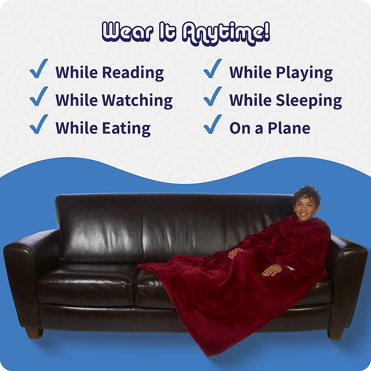 Slanket Kids Wearable Blanket with Sleeves - The Ultimate Kids Oversized Fleece Blanket with Foot Pocket - Lightweight, Plush, & Soft Plus Sized Wearable Blanket for Kids - 44”W x 60”L, Ruby Wine