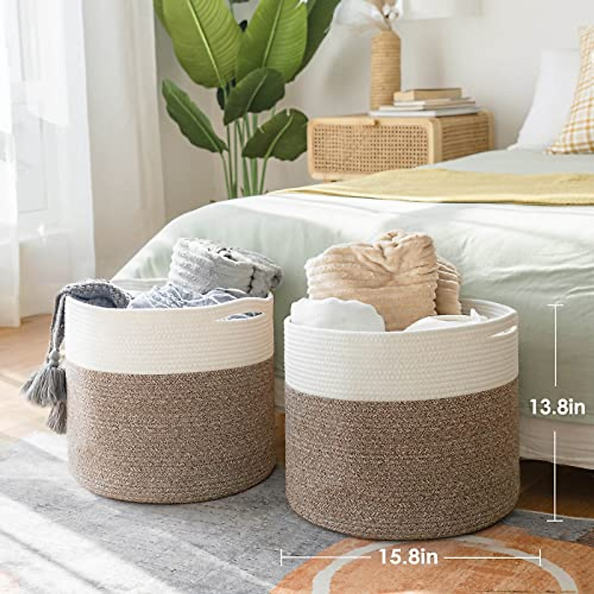 Goodpick 2pack Large Woven Blanket Storage Baskets Round Laundry Basket Toy Organizier Clothes Hamper Shoe Storage Bins Brown