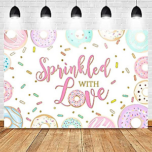 Mocsicka Sprinkled with Love Donut Backdrop Donut Baby Sprinkle Background Donut Girl Baby Shower Party Cake Table Decoration Banner Photo Booth Props (7x5ft)