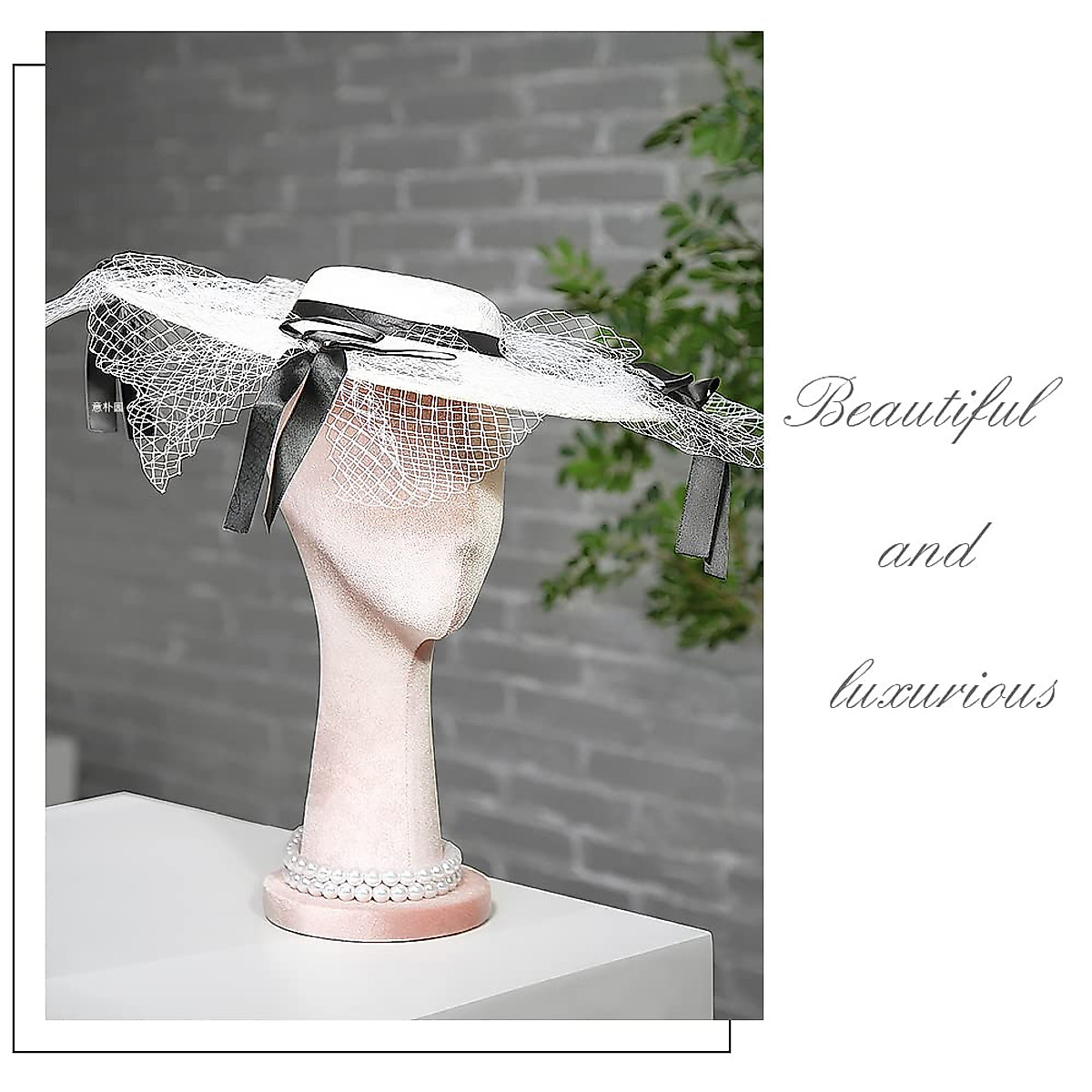 DE-LIANG Female Velvet Head Mannequin Dress Form Silk Fully Pinnable for Hat Wig Jewelry Earring Scarves Display, Clothing Fabric Head Model for Sale, Light Pink 40cm