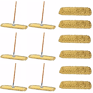 24 Inch Yellow Dust Mop with Wood Handle and 24 Inch Dust Mop Refill Bundle - 6 Mop Sets and 6 Refills