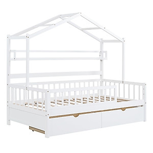 Merax Full Size House Bed with Drawers, Wooden Full Size Platform Bed Frame with Storage Shelf, No Box Spring Needed, White
