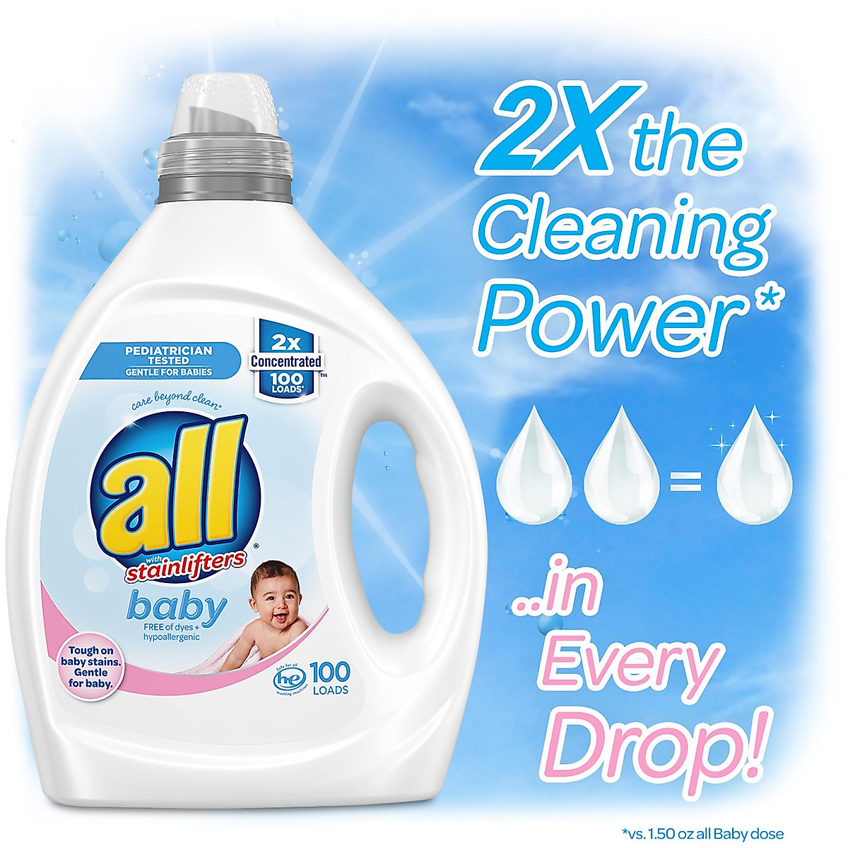 all Liquid Laundry Detergent, Gentle for Baby, Hypoallergenic & Free Of Dyes, 2X Concentrated, 100 Loads