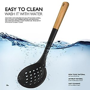 Large Silicone Cooking Utensils Set - Heat Resistant Silicone Kitchen Utensils for Cooking w Wooden Handles, Spatula Set, Kitchen Utensil Gadgets Sets for Non-Stick Cookware, BPA Free (Black)