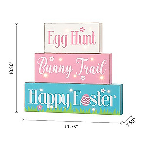 Glitzhome LED Lighted Wooden/Metal Block with Sayings Egg Hunt, Trail, Happy Easter Bunny Holiday Decorations Signs, Multi-Color