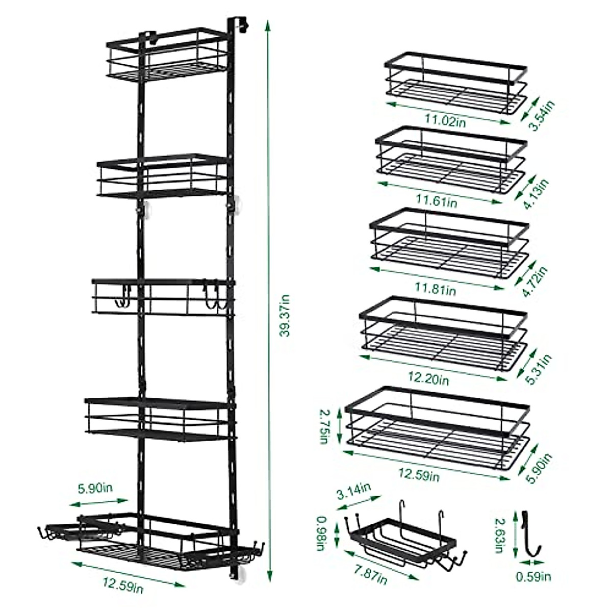 Over the Door Shower Caddy, 5-Tier Adjustable Hanging Shower Organizer Rustproof Metal Bathroom Storage Shelf Shower Basket with Soap Holder & Suction Cup for Shampoo, Conditioner