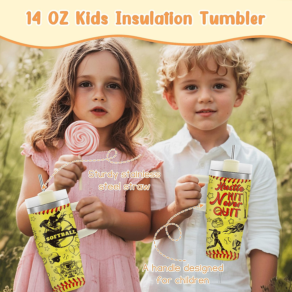 Softball Gifts for Girls 8-12, Softball Tumbler with Handle and Straw for Kids 14 Oz, Insulated Stainless Steel Softballs Cups Stuff, Birthday Gifts for Toddler Girls