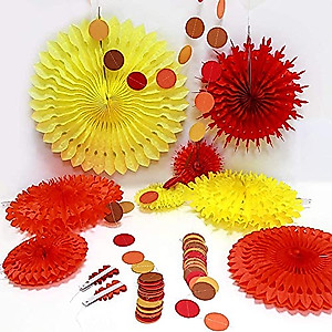 Orange Yellow Red Thanks Giving Party Decorations Autumn Fall Paper Fan Tissue Pompom Hanging Circle Dot Garland Banner Backdrop Birthday Wedding Bridal Baby Shower Decor Home Office School