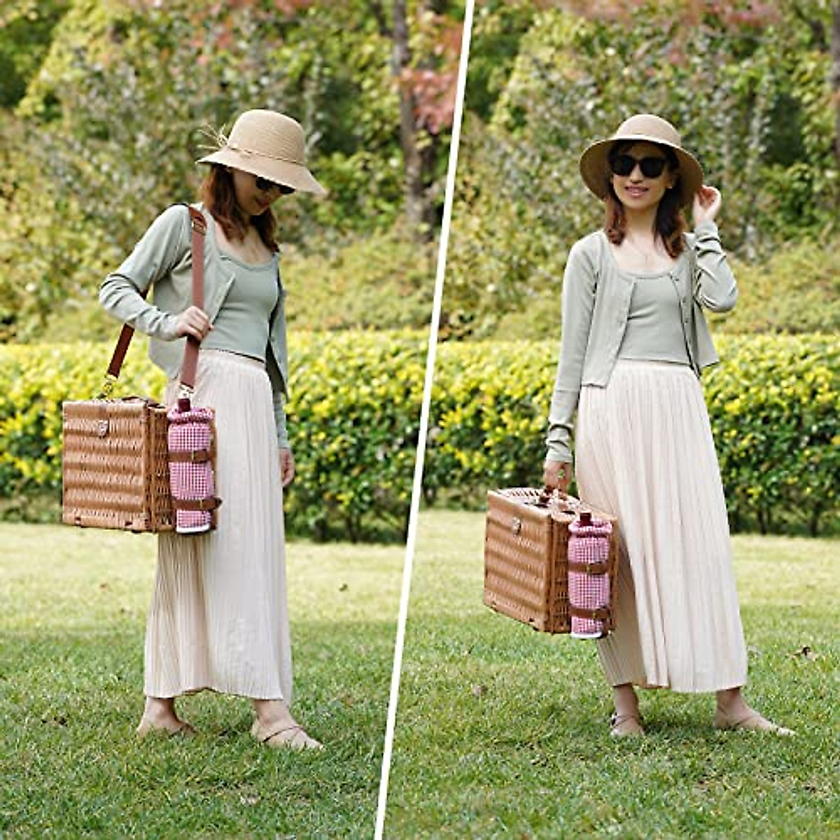 Picnic Basket for 4, Insulated Willow Picnic Baskets with Shoulder Strap, Picnic Hamper with Waterproof Picnic Blanket, Handmade Wicker Hamper for Outdoor, Great Gifts for Thanksgiving, Christmas