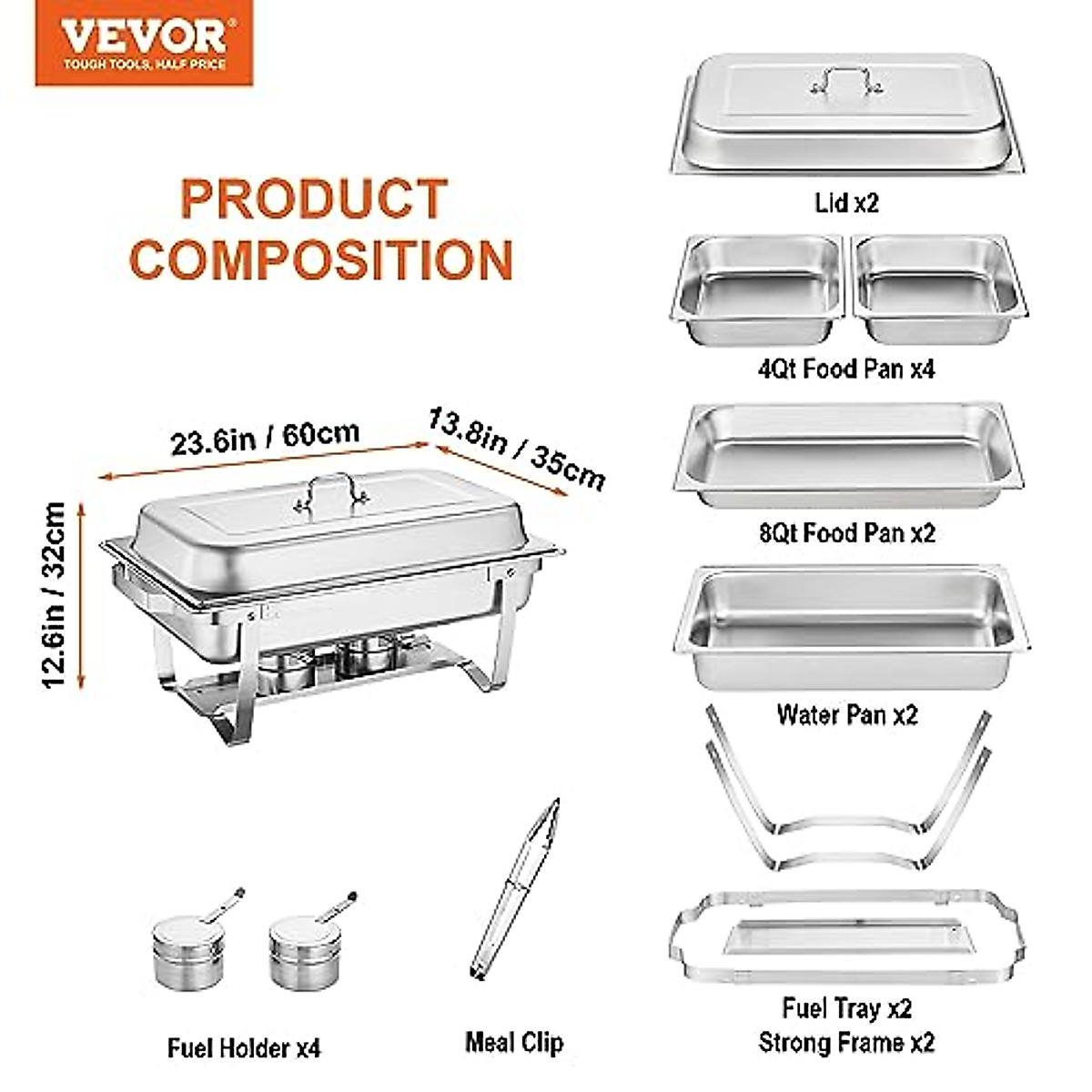 VEVOR Chafing Dish Buffet Set, 2 Pack 8 Qt, Stainless Chafer w/ 2 Full & 4 Half Size Pans, Rectangle Catering Warmer Server w/ Lid Water Pan Folding Stand Fuel Tray Holder Clip, at Least 8 People Each