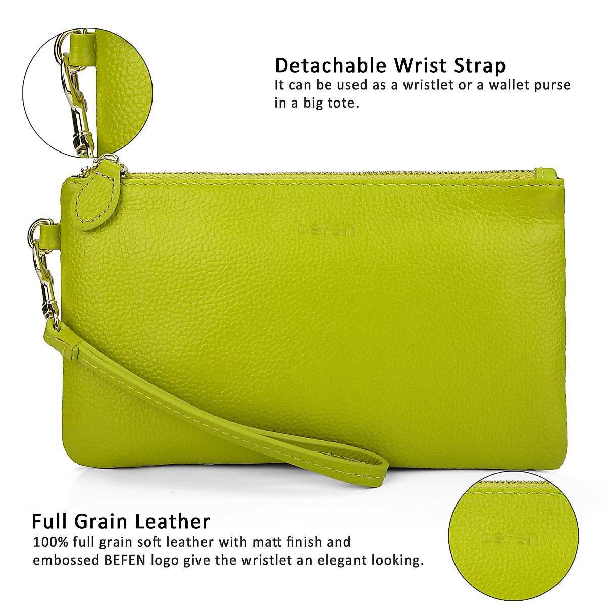 befen Yellow Women Genuine Leather Wristlet Clutch Wallet Purse Clutch Purses for Women - Lemon