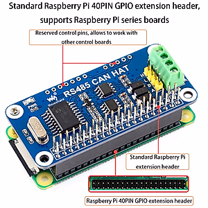 RS485 CAN HAT for Raspberry Pi 4B/3B+/3B/2B/B+/A+/Zero/Zero W/WH/Zero 2W, Long-Distance Communication via RS485/CAN Function Onboard CAN Controller MCP2515 via SPI Interface Transceiver SIT65HVD230DR