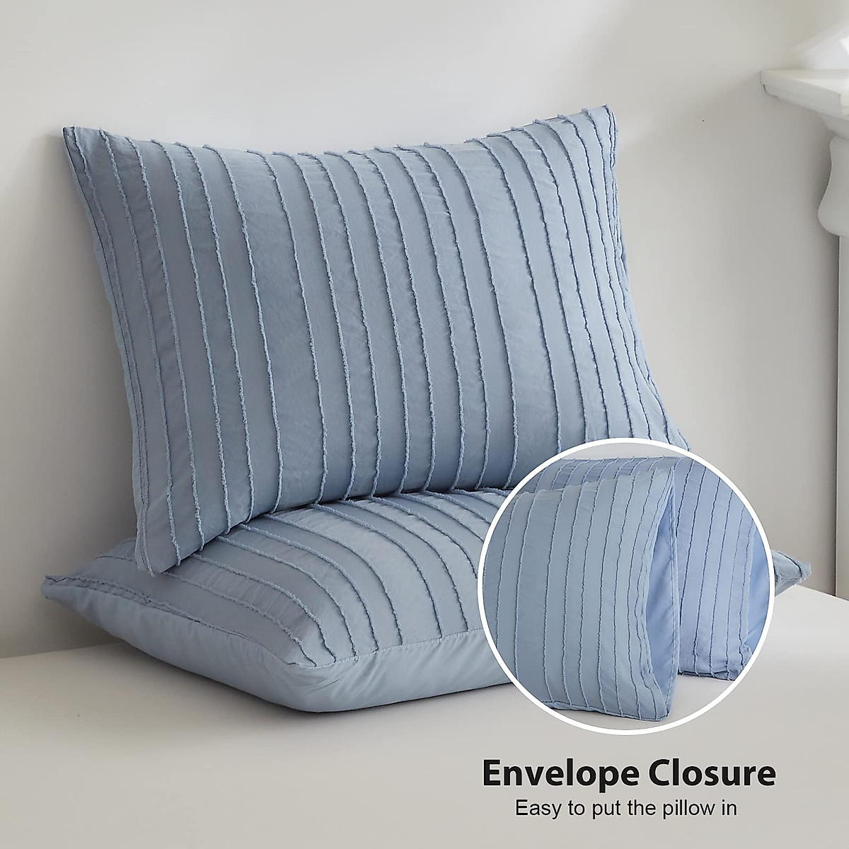 WARMDERN Blue Boho Duvet Cover King Size, Striped Textured Duvet Cover Set Tufted Bedding Set, 3 Pcs Ultra Soft Washed Microfiber Duvet Cover with Zipper Closure (King, Blue)