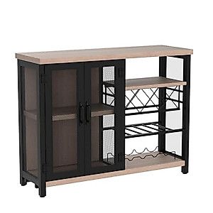 KFO Industrial Bar Cabinet for Liquor and Glasses, Farmhouse Metal Wood Coffee Bar Cabinet, Sideboard Buffet Cabinet, Wine Rack Table with Mesh Door for for Home Kitchen Dining Living Room, 40 Inch…