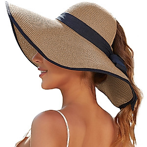Sun Hats for Women with Ponytail Hole, Wide Brim Beach Hats for Women, Floppy Straw Hat Foldable, Packable Summer Hats Women Khaki
