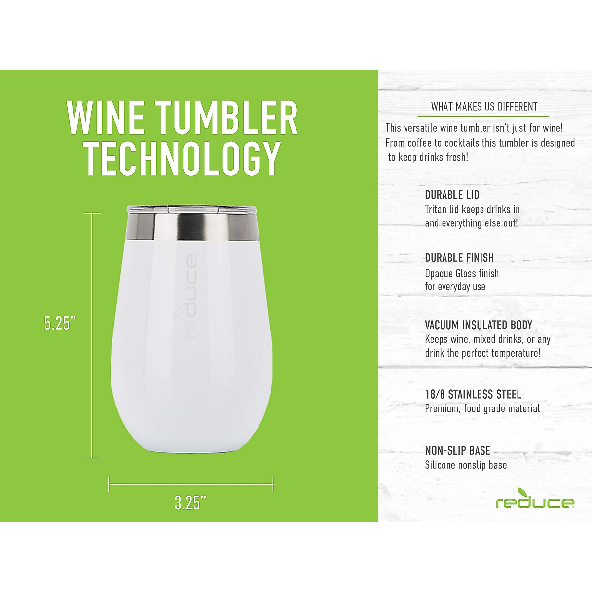 Reduce Wine Tumbler With Lid, 12oz - Stainless Steel Stemless Wine Tumbler - Enjoy Your Wine at the Perfect Temperature - Perfect Outdoor Wine Glasses, Makes a Great Gift - White Gloss