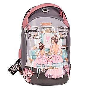 Nicole Lee Sling Backpack with USB Charging and Earphone Ports, Top Handle Travel School Crossbody Bag, Adjustable Strap (Double Queens)