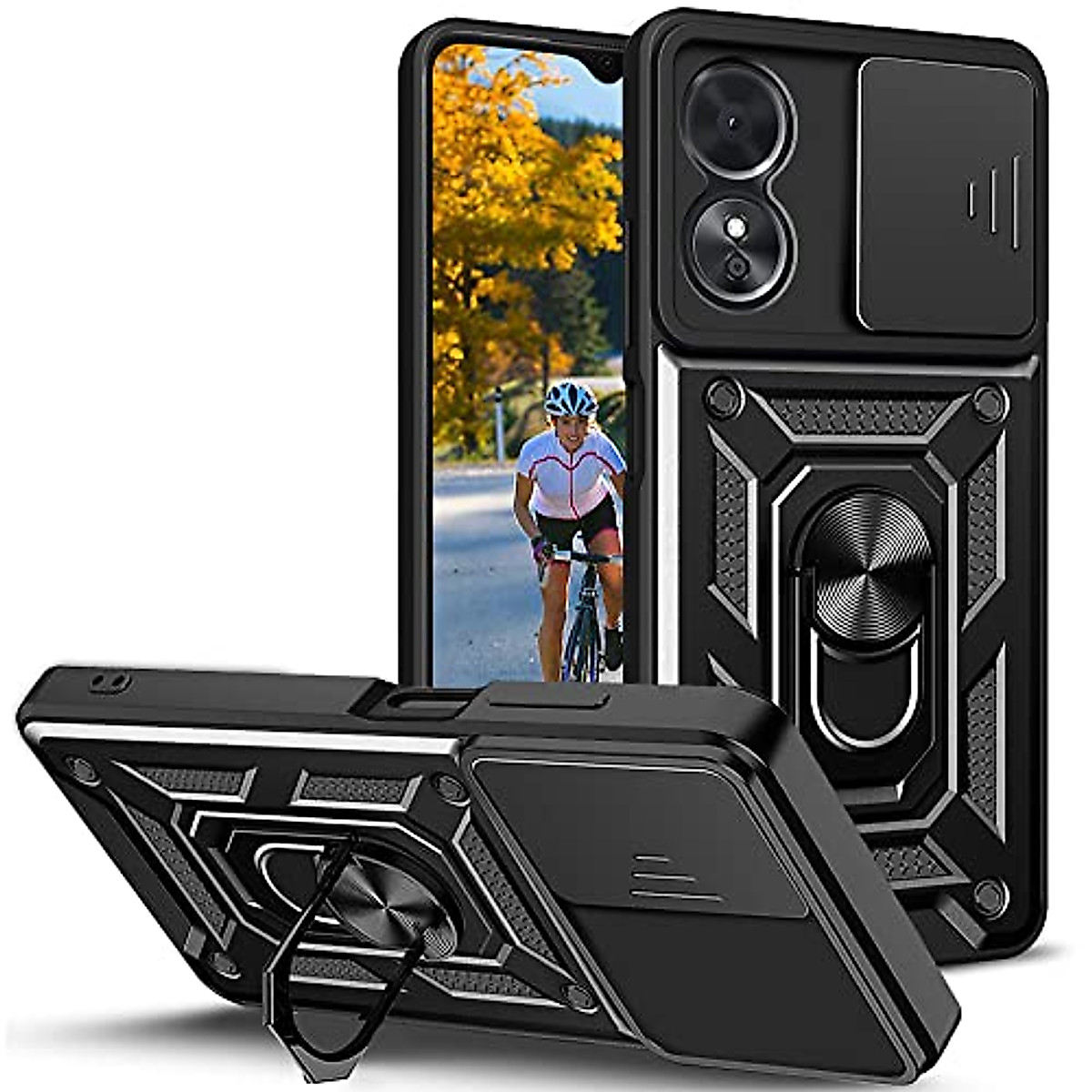 Ysnzaq Military Grade Heavy Duty Shockproof Case for Oppo A17 6.56", Sliding Window Lens Protection with Magnetic Car Bracket Phone Cover for Oppo A17 SJ Black