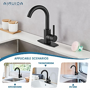 Airuida Matte Black Bar Sink Faucet Single Hole Single Handle Bathroom Sink Faucet Kitchen Small Prep Wet Farmhouse RV Lavatory Vanity Mixer Tap 360 Degree Swivel Spout with Pop Up Drain