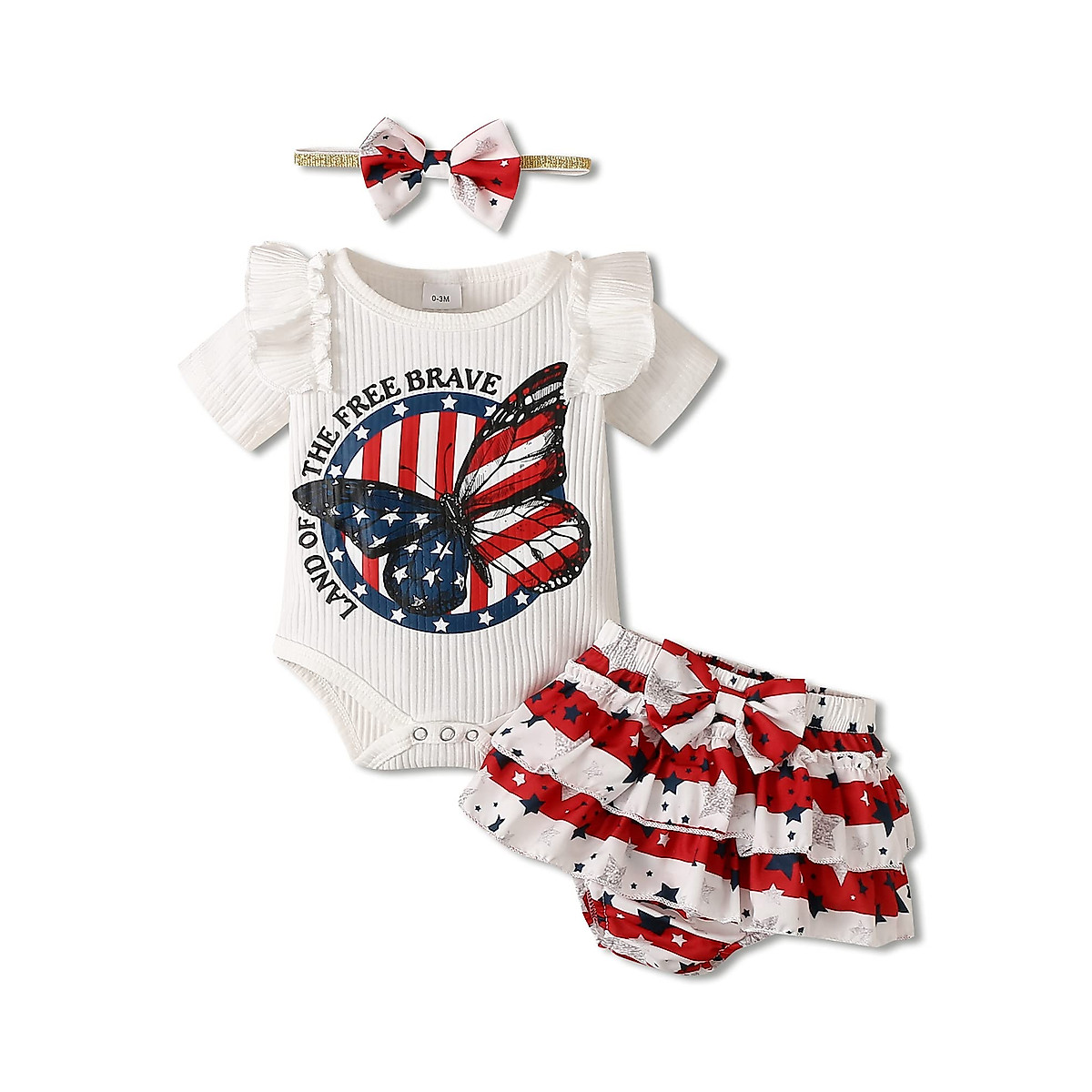 DISAUR Baby 4th Of July Girl Outfits Newborn Baby Girl Clothes Infant Independence Day Ruffle Short Sleeve Top +Stars Stripes Shorts + Cute Headband 3PCS Clothing Set